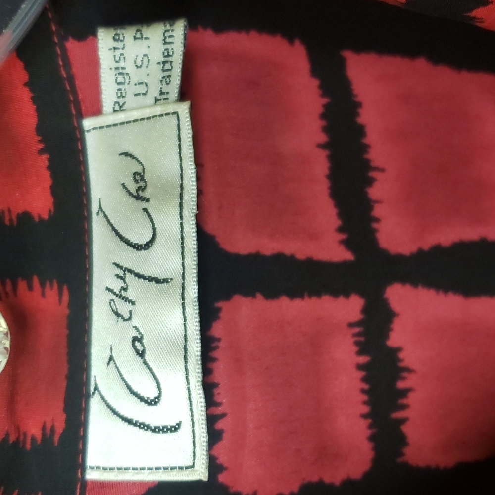100% Silk 90s Red & Black Block Pattern Blouse Top Ka… - Gem